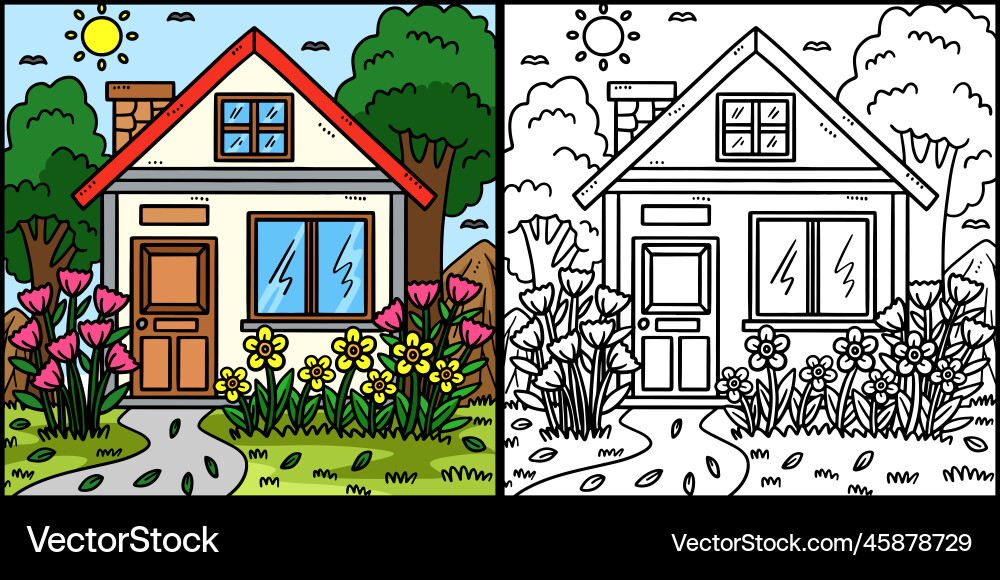 Spring house with garden coloring Royalty Free Vector Image