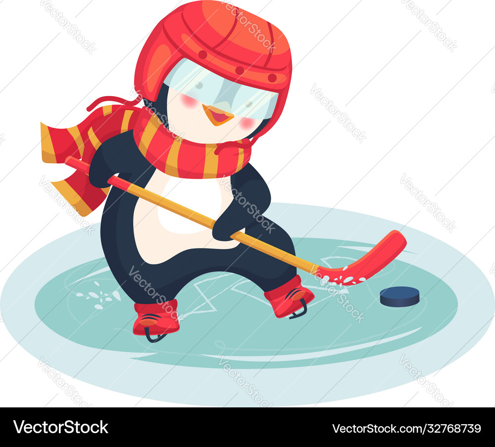 Penguin play ice hockey in winter Royalty Free Vector Image