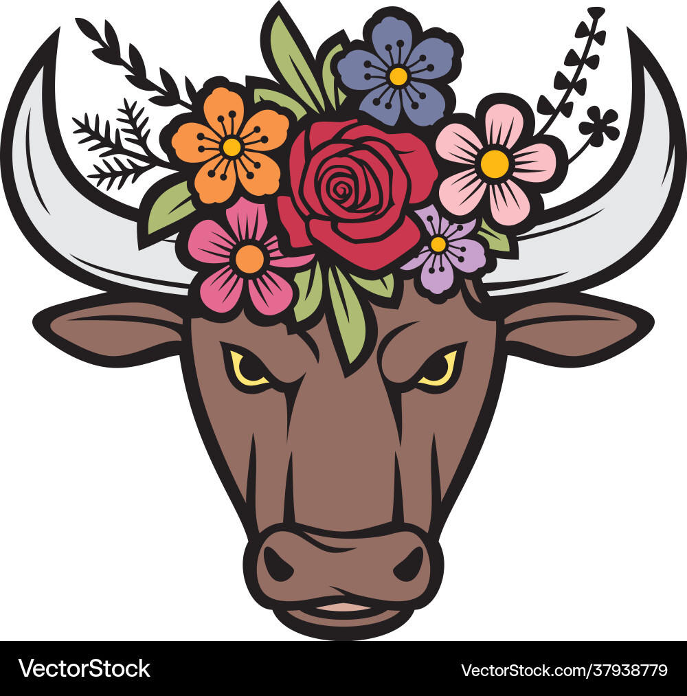 Floral bull head color Royalty Free Vector Image