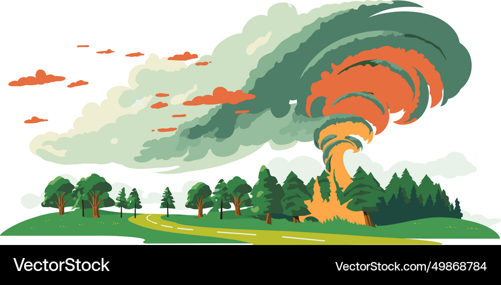 Tornado approaching over green landscape trees Vector Image