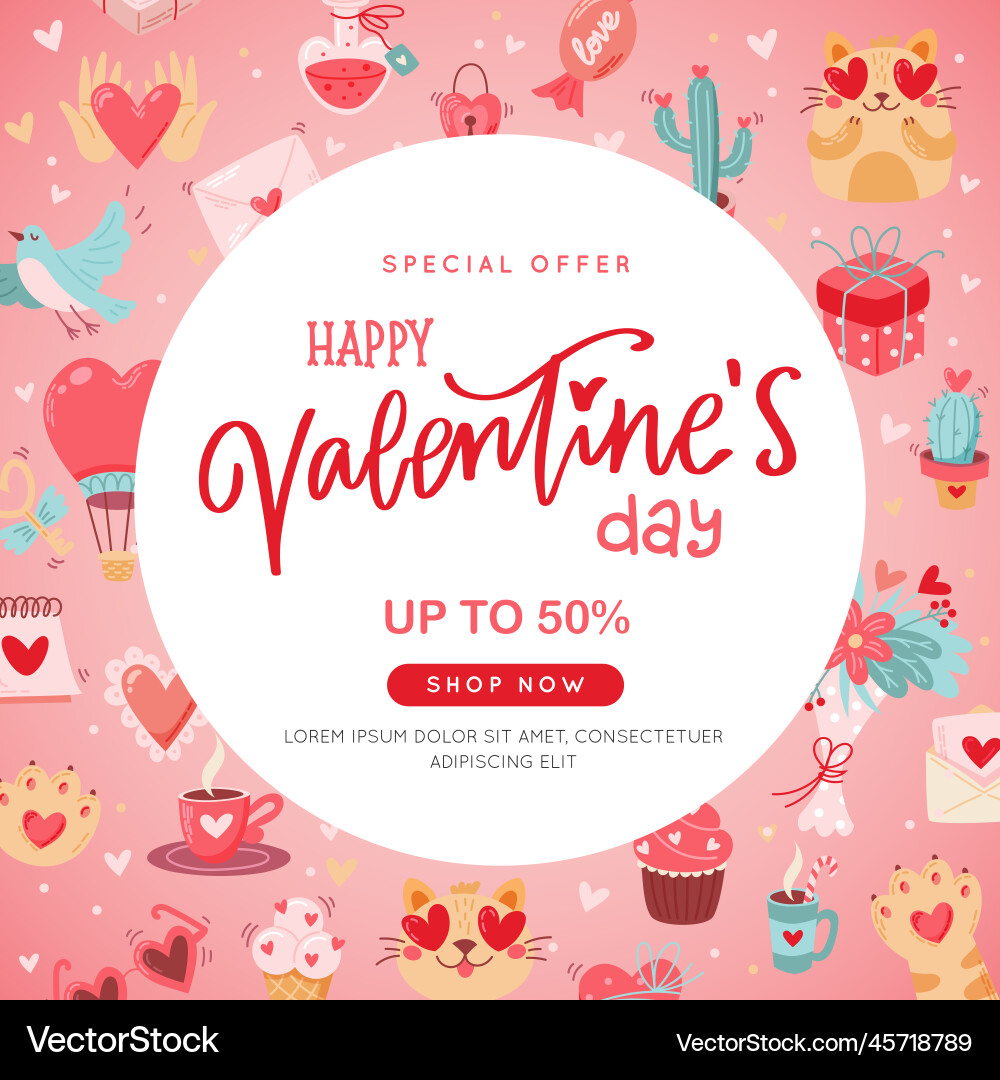 Valentines day banner with cute elements hand Vector Image