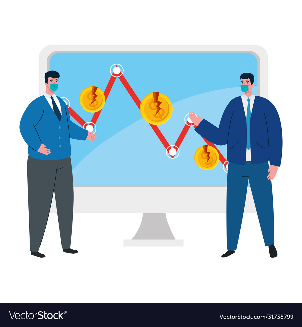 Businessmen with masks and decrease arrow Vector Image