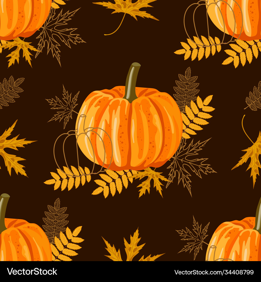 Seamless pattern with autumn leaves and pumpkins Vector Image