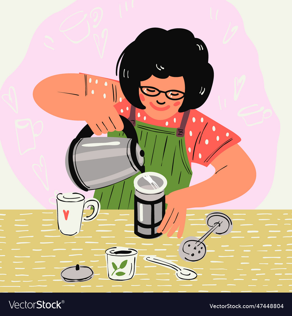 A woman makes tea in cartoon style Royalty Free Vector Image
