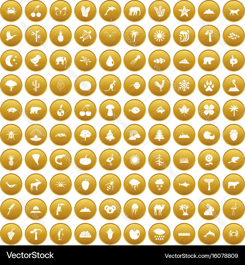 100 nature icons set gold Royalty Free Vector Image