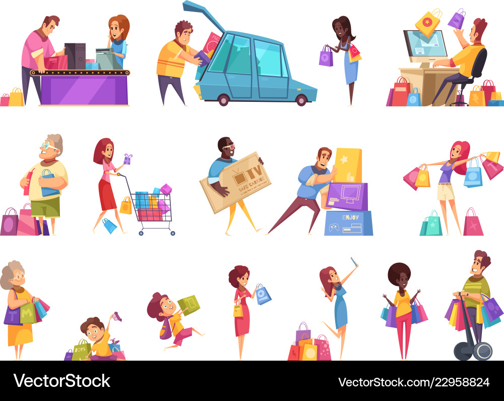 Cartoon shopaholics icon set Royalty Free Vector Image