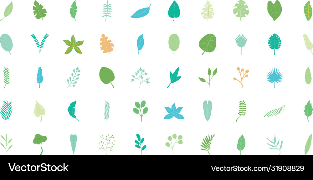 Tropical leaves icon set flat style Royalty Free Vector