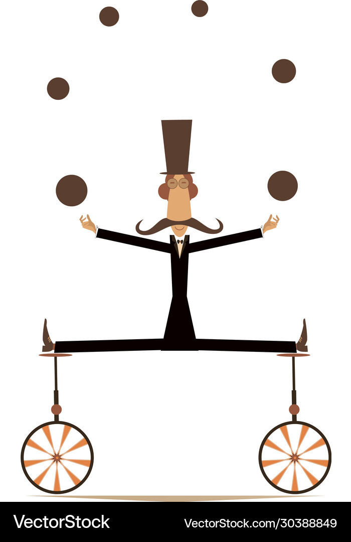 Man on two unicycles juggles balls Royalty Free Vector Image