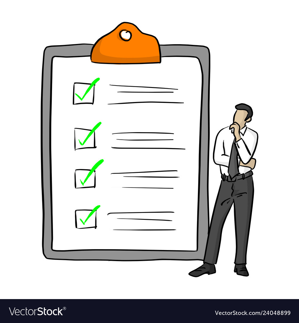 Businessman standing near big complete checklist Vector Image Businessman standing near big complete checklist Vector Image