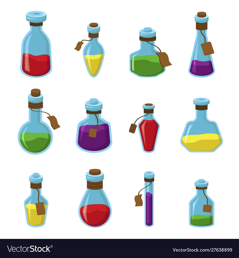 Flasks with liquid flat set Royalty Free Vector Image