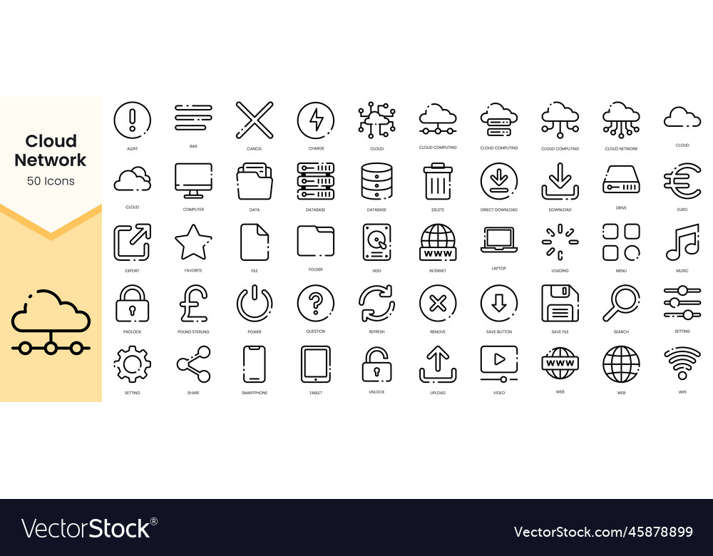 Simple outline set of cloud network icons linear Vector Image