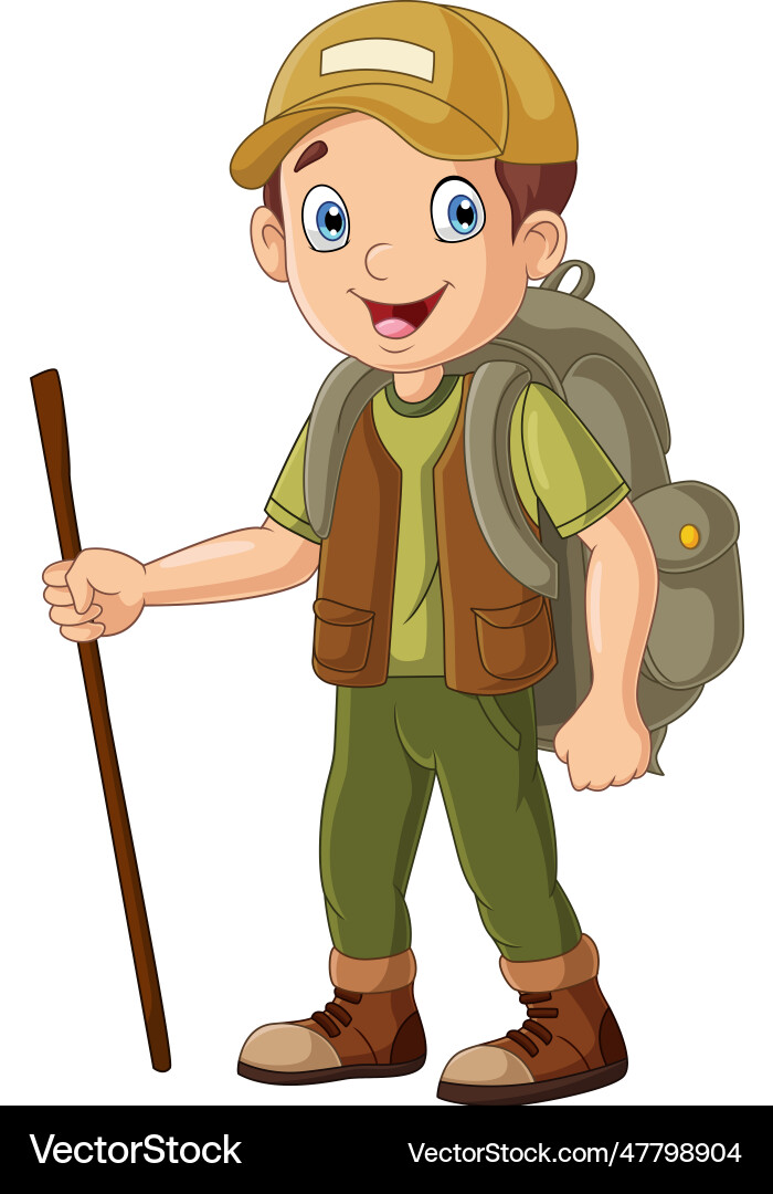 Cartoon hiker boy with walking stick Royalty Free Vector