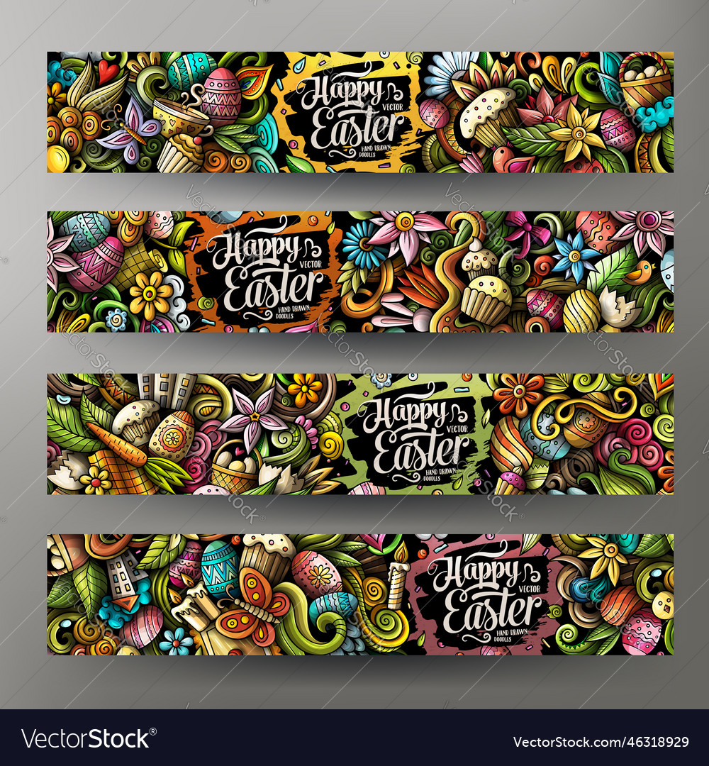 Cartoon cute colorful doodles happy easter banners