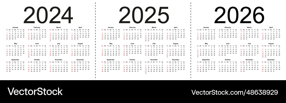 Editable 2024-2026 Calendars Royalty Free Vector Image