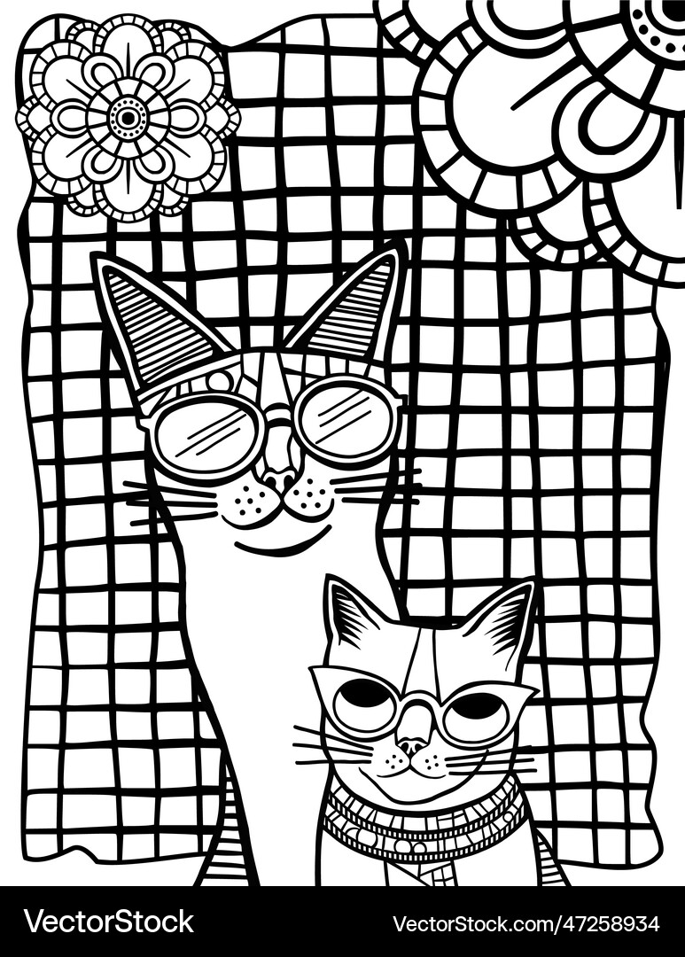 Cats wearing sunglasses coloring page Royalty Free Vector