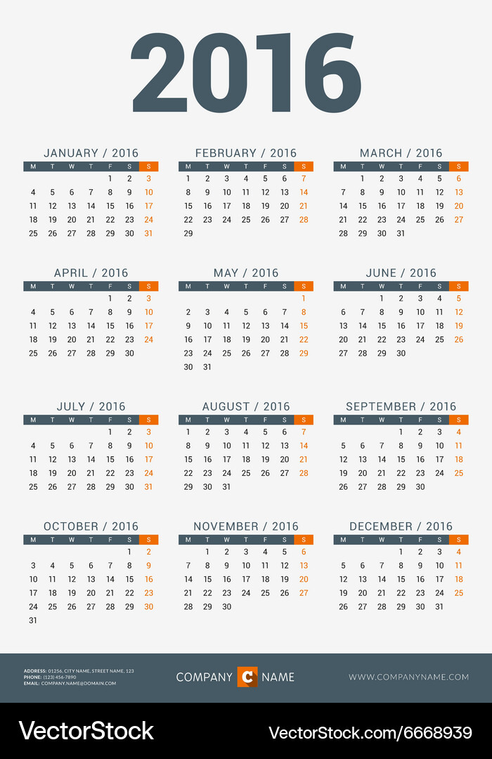 Calendar for 2016 year design print template Vector Image