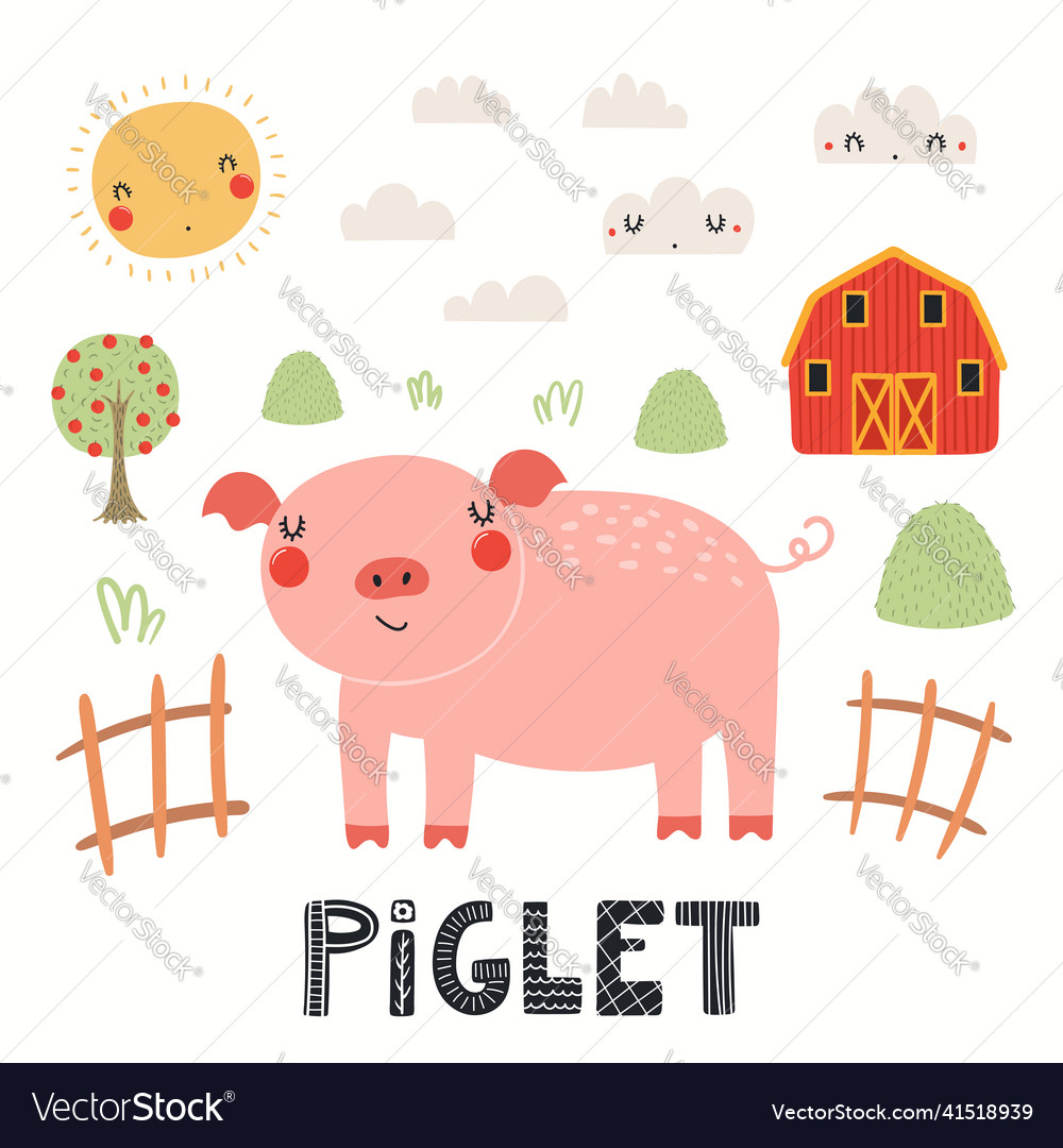 Cute funny pig piglet farm landscape isolated Vector Image