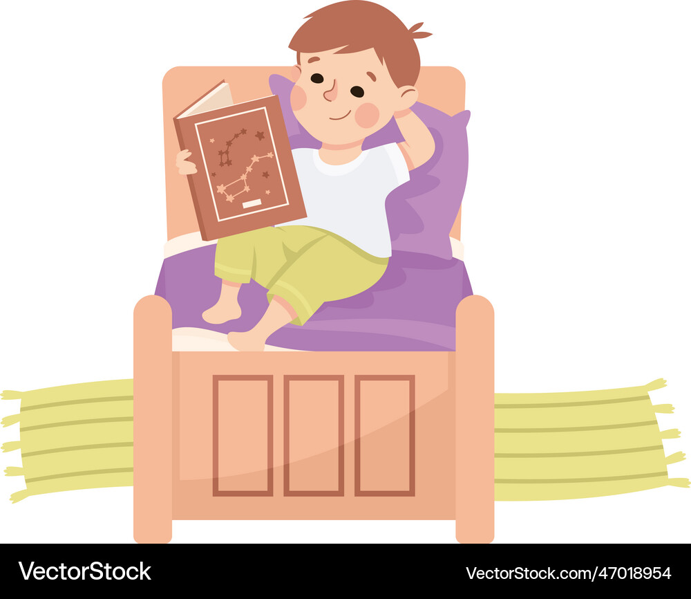 Little boy in his bed reading book before night Vector Image