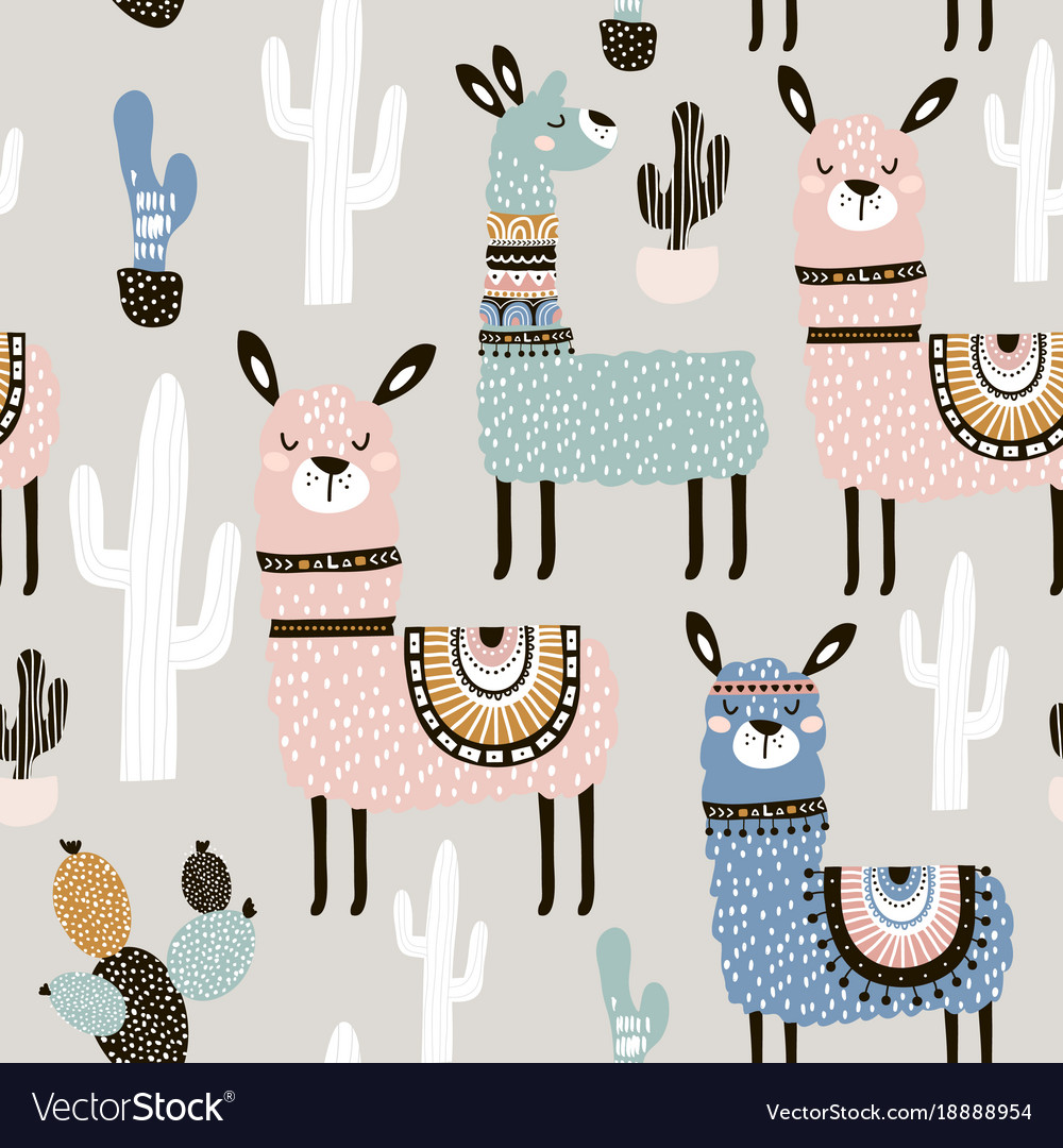 Seamless pattern with llama cactus and hand drawn Vector Image