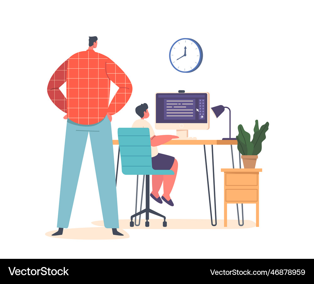 Father character watch over son computer use Vector Image