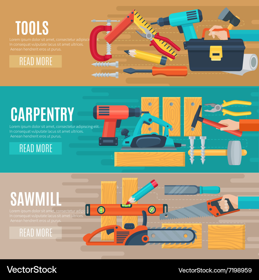 Horizontal Carpentry Banners With Tools Kit Vector Image