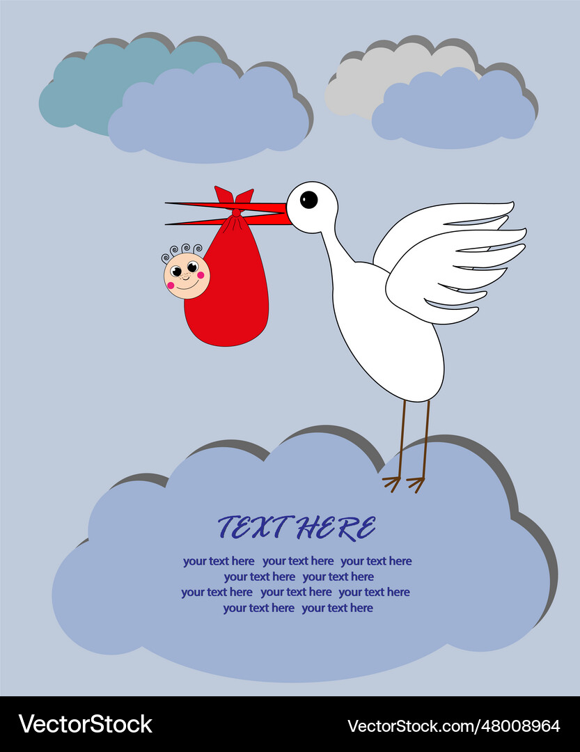 A stork carries child in the clouds Royalty Free Vector
