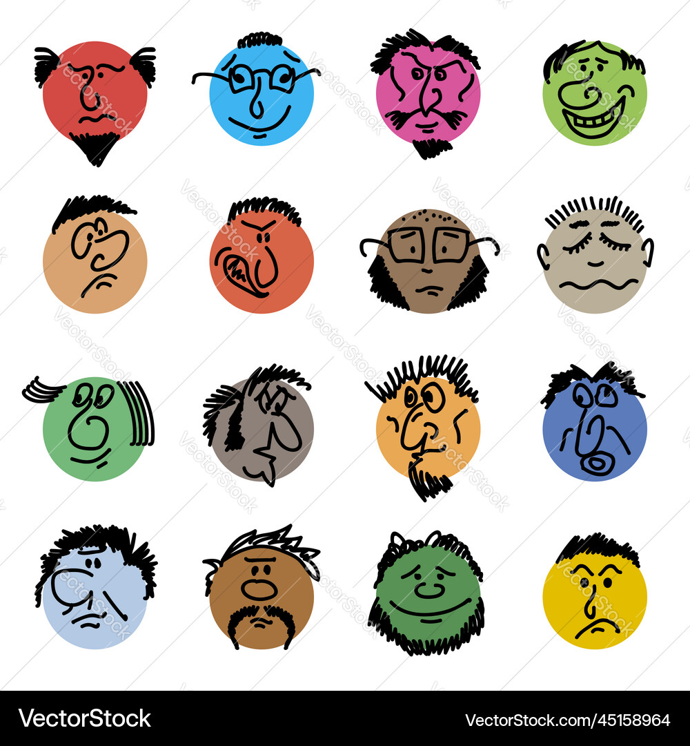 Colored doodle heads round comic faces Royalty Free Vector