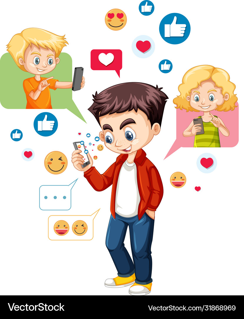 Boy using smart phone with social media icon Vector Image