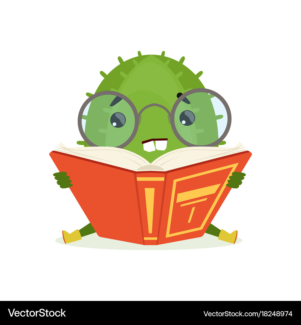 Cute cactus sitting on the floor and reading Vector Image