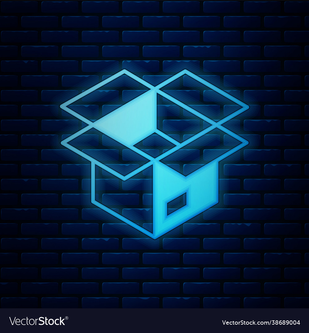 Glowing neon unboxing icon isolated on brick wall Vector Image