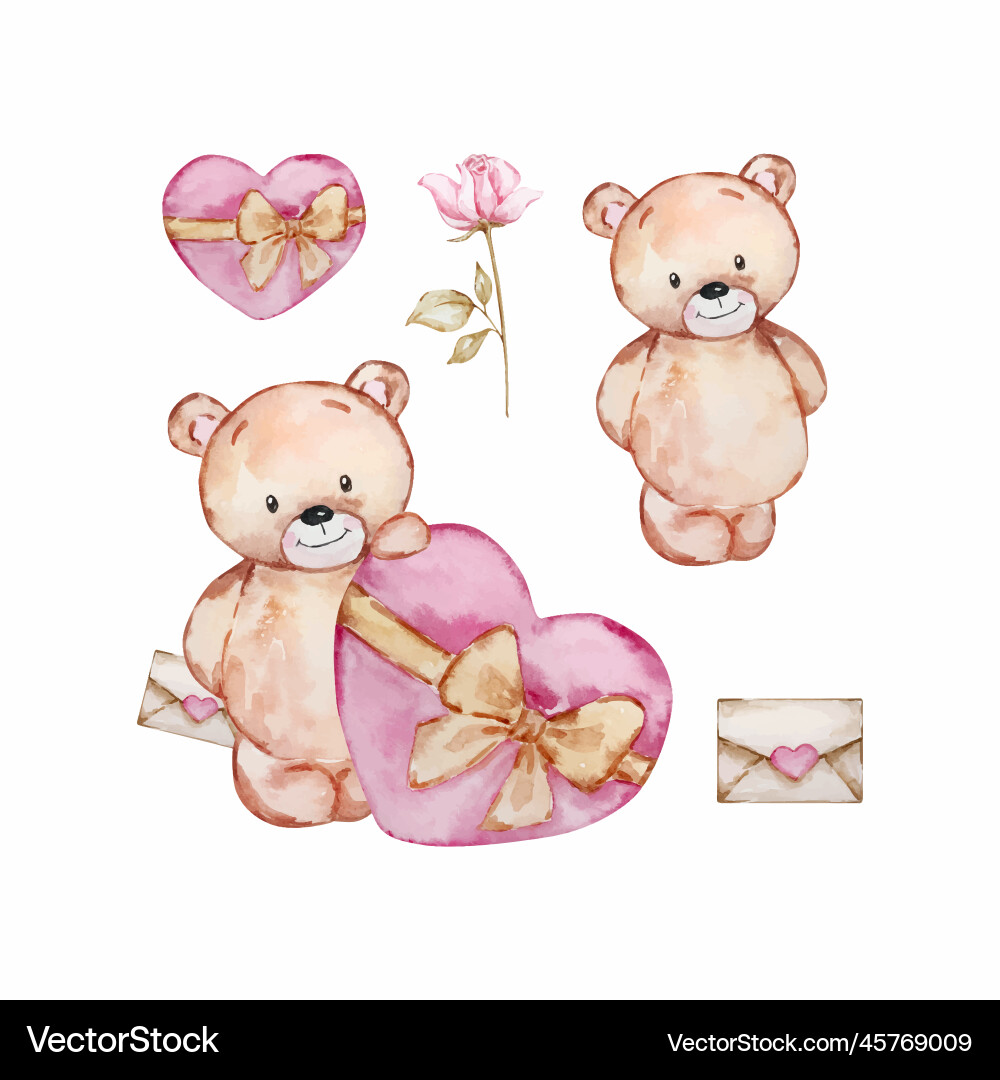 Watercolor valentines day cute teddy bear Vector Image