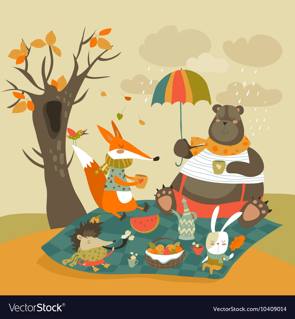 Animals at picnic in autumnal forest Royalty Free Vector