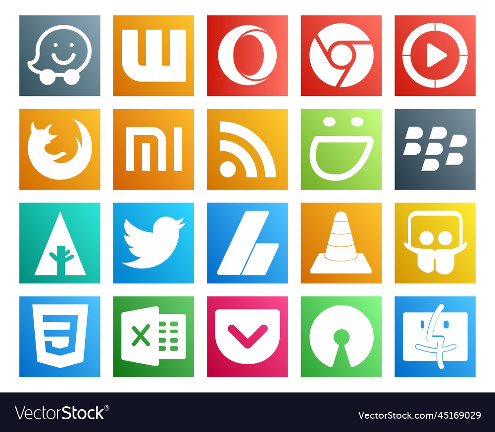 20 social media icon pack including vlc adsense Vector Image