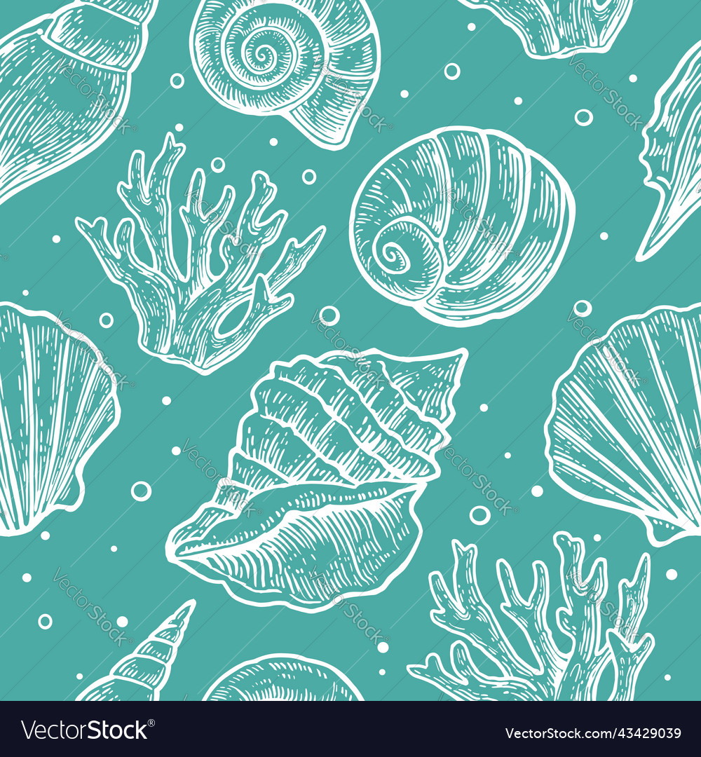 Seamless Pattern Sea Shell Engraving Royalty Free Vector