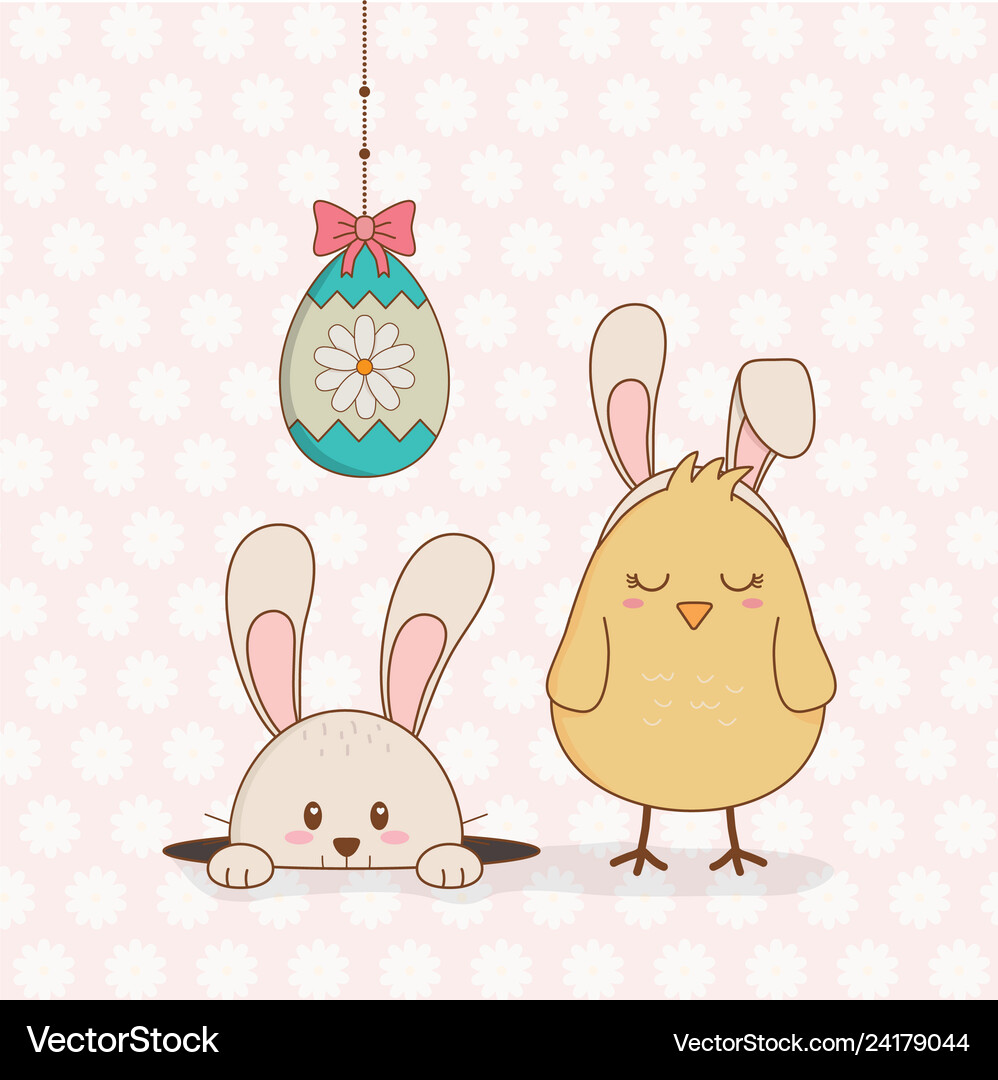 Little rabbit and chick with egg painted easter Vector Image