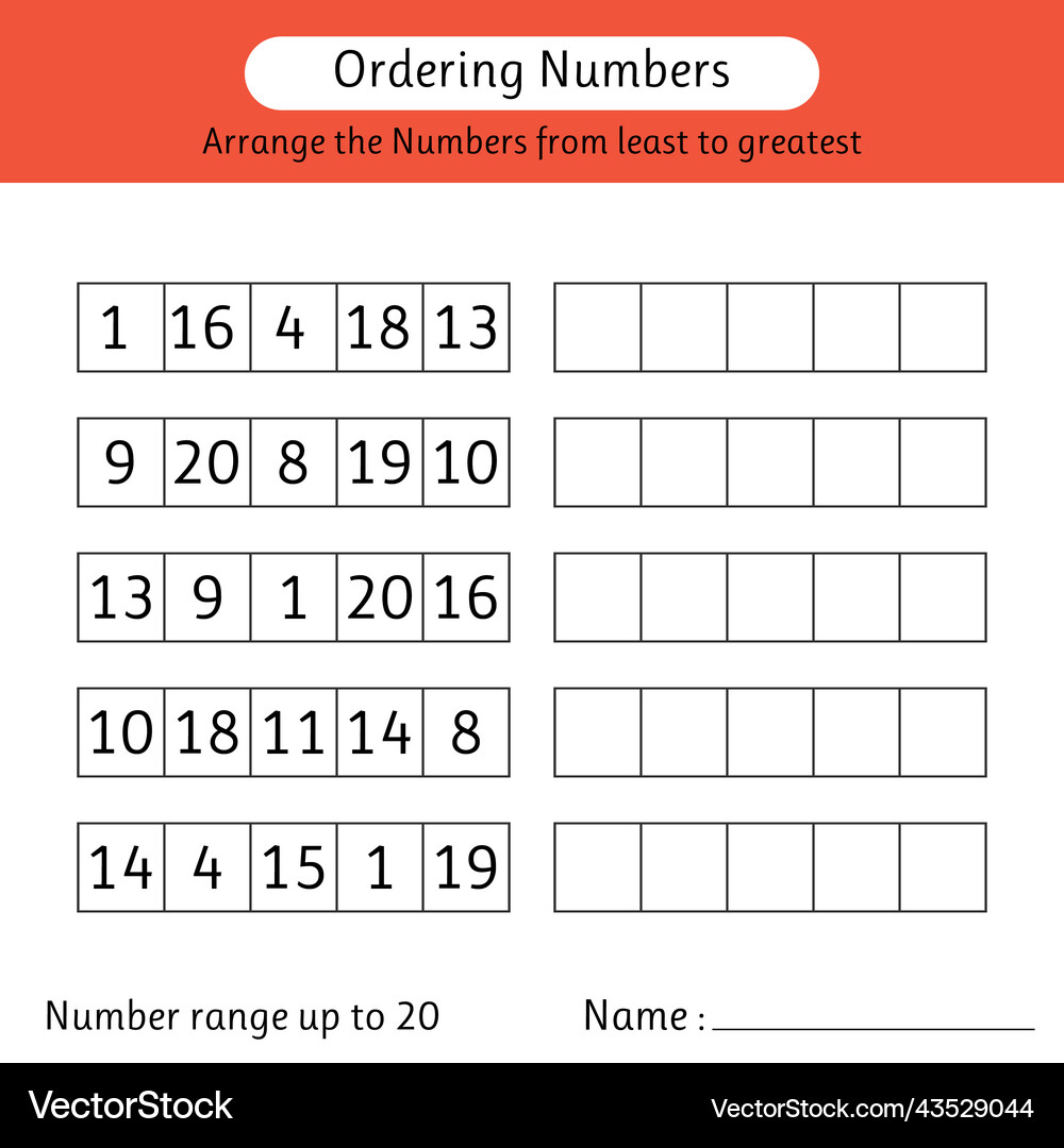 Ordering numbers worksheet arrange Royalty Free Vector Image