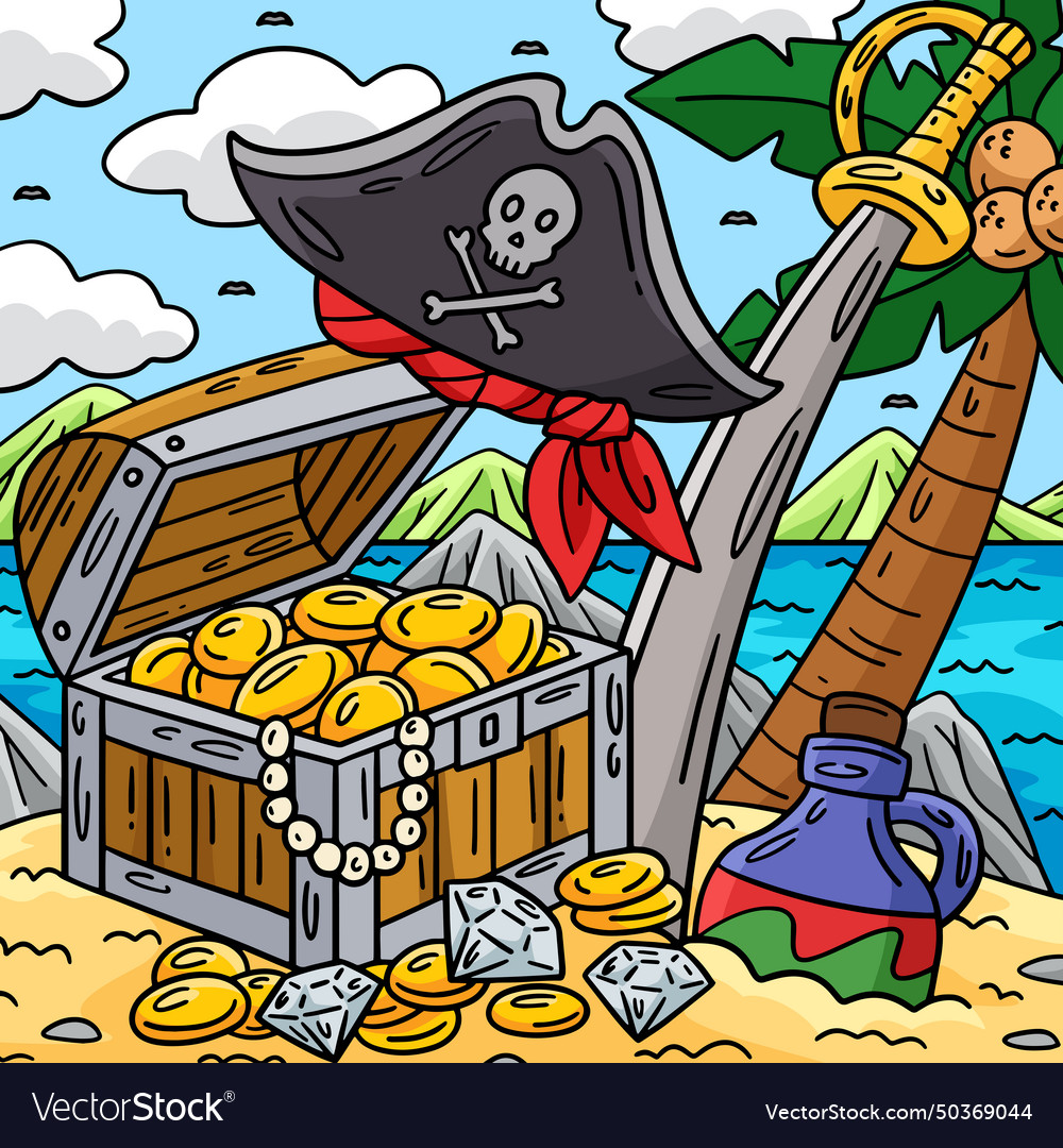 Pirate Treasure Hat And Cutlass Colored Cartoon Vector Image