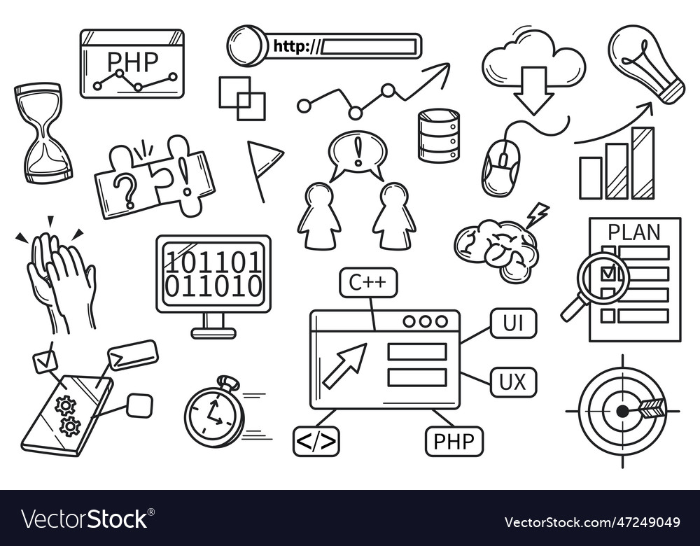 Hackathon doodle icons set of programming Vector Image