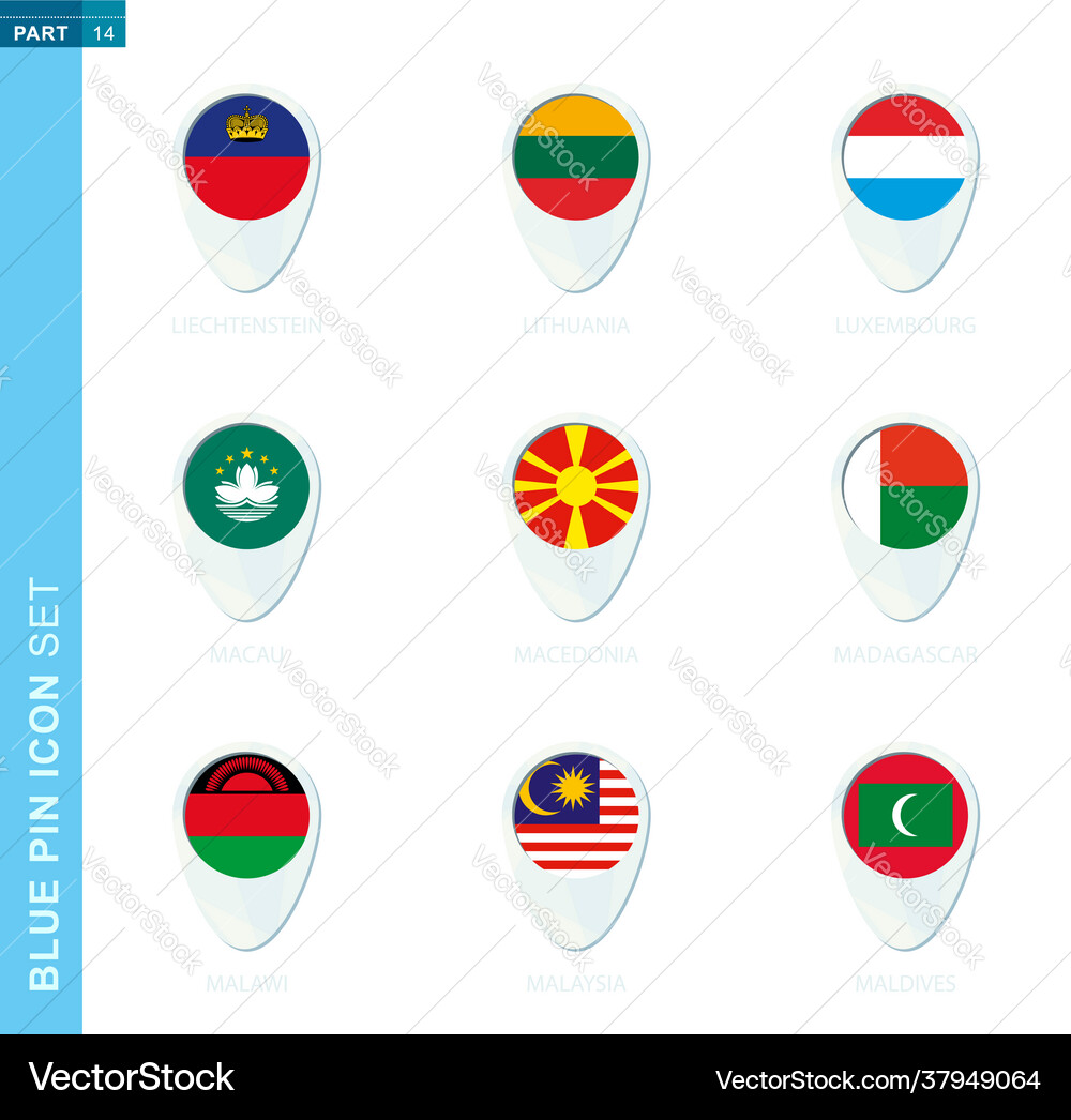 Pin flag set map location icon in blue colors Vector Image