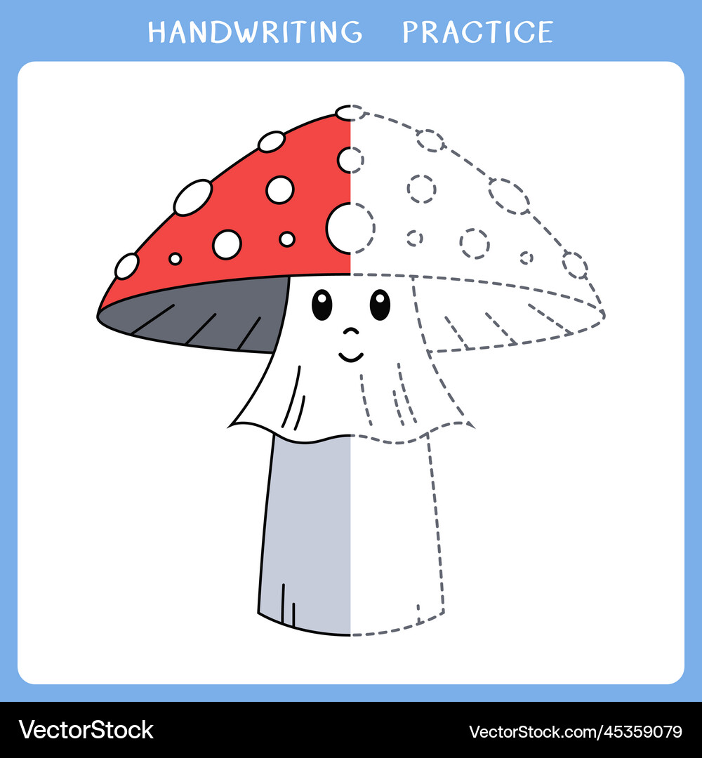 Handwriting practice sheet with cute mushroom Vector Image