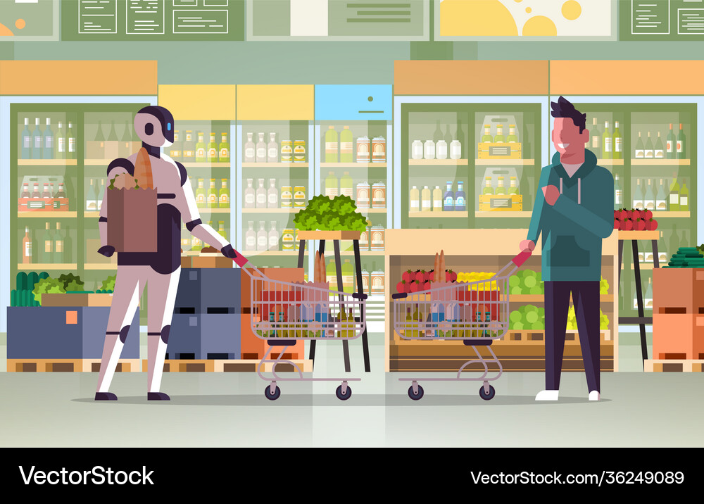 Robot and human pushing trolley carts full Vector Image