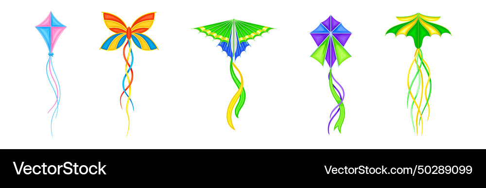Colorful flying kite toy with tail set Royalty Free Vector