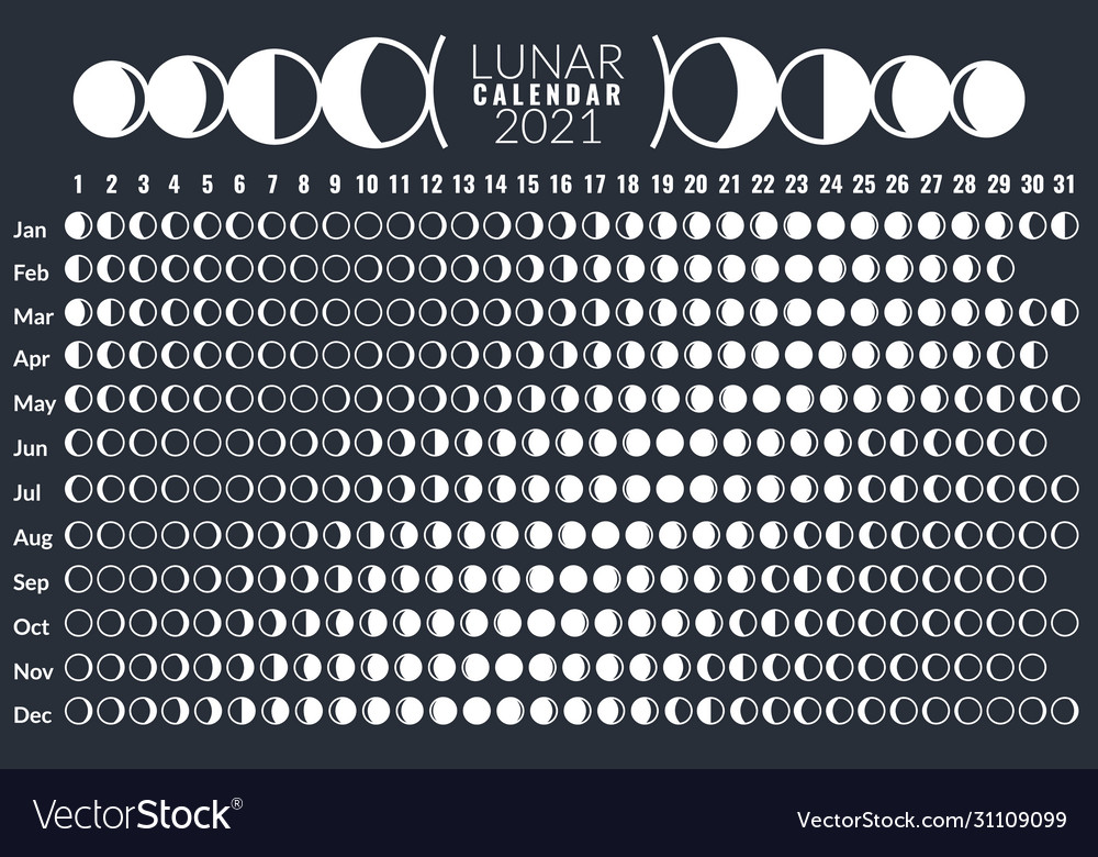 Moon Calendar Lunar Phases Calendar 2021 Poster Vector Image