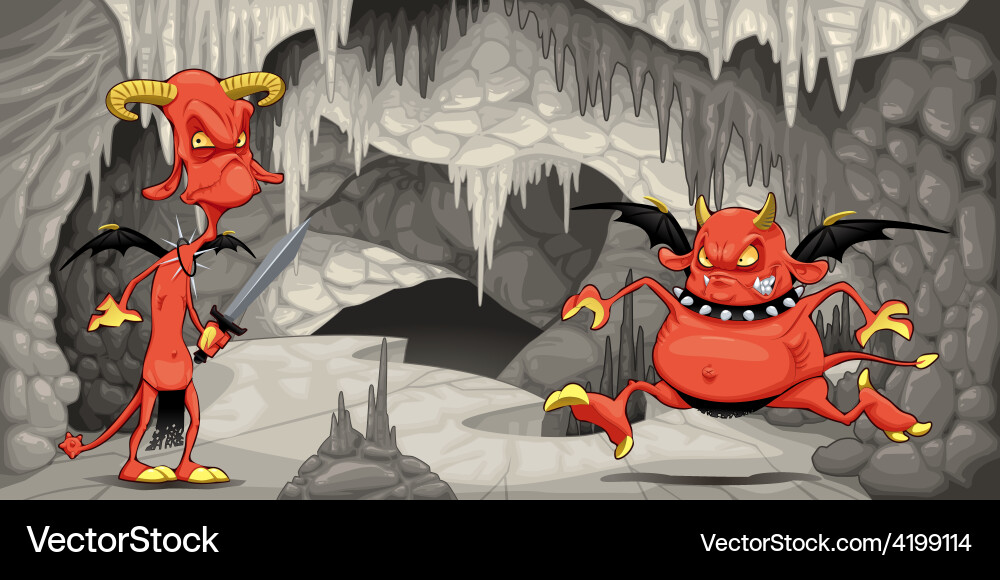 Inside cavern with funny devils Royalty Free Vector Image