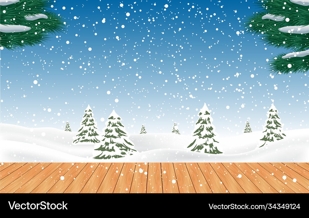 Wooden table with snow landscape background Vector Image