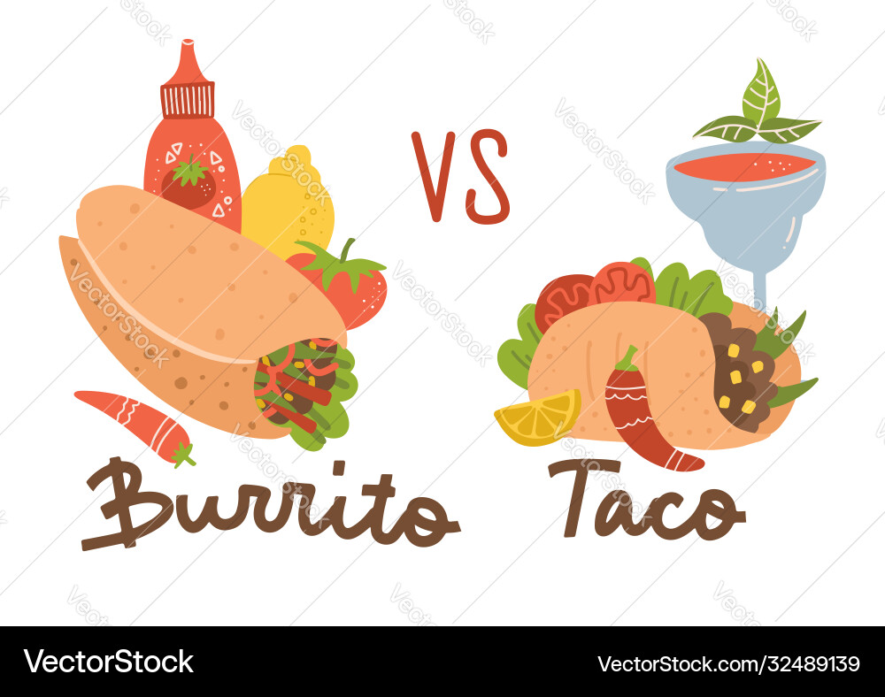 Mexican food set burrito vs taco colored Vector Image