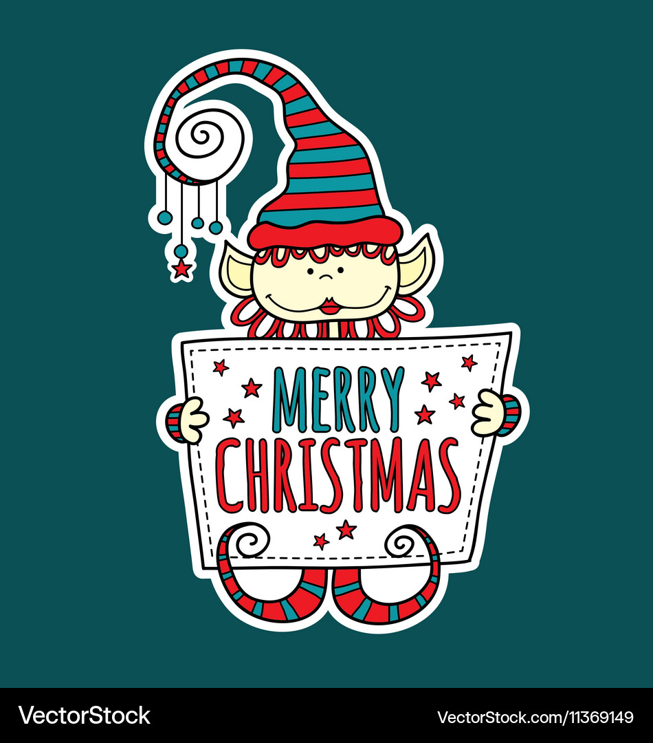 Merry christmas elf holding sign Royalty Free Vector Image