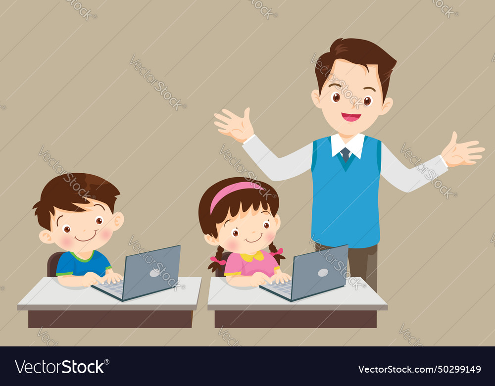Teacher presenting computer learning and students Vector Image