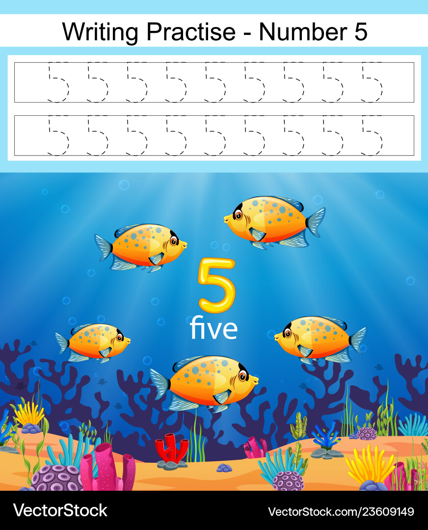 Writing practices number 5 with fish Royalty Free Vector
