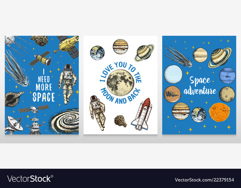 Card planets in solar system and astronaut Vector Image